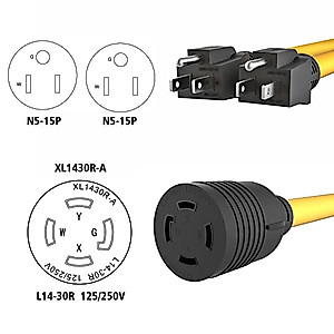 2X 5-15 Plug Male to Generator Twist Lock L14-30 Receptacle Female Y Adapter Cord STW 3 Feet 120V/240V 30 Amp Generator Welder Dryer Power Cord Adapter