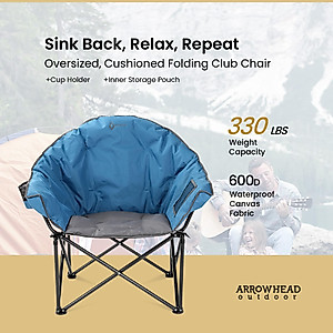 ARROWHEAD OUTDOOR Oversized Heavy-Duty Club Folding Camping Chair w/External Pocket, Cup Holder, Portable, Padded, Moon, Round, Saucer, Supports 330lbs, Carrying Bag, USA-Based Support