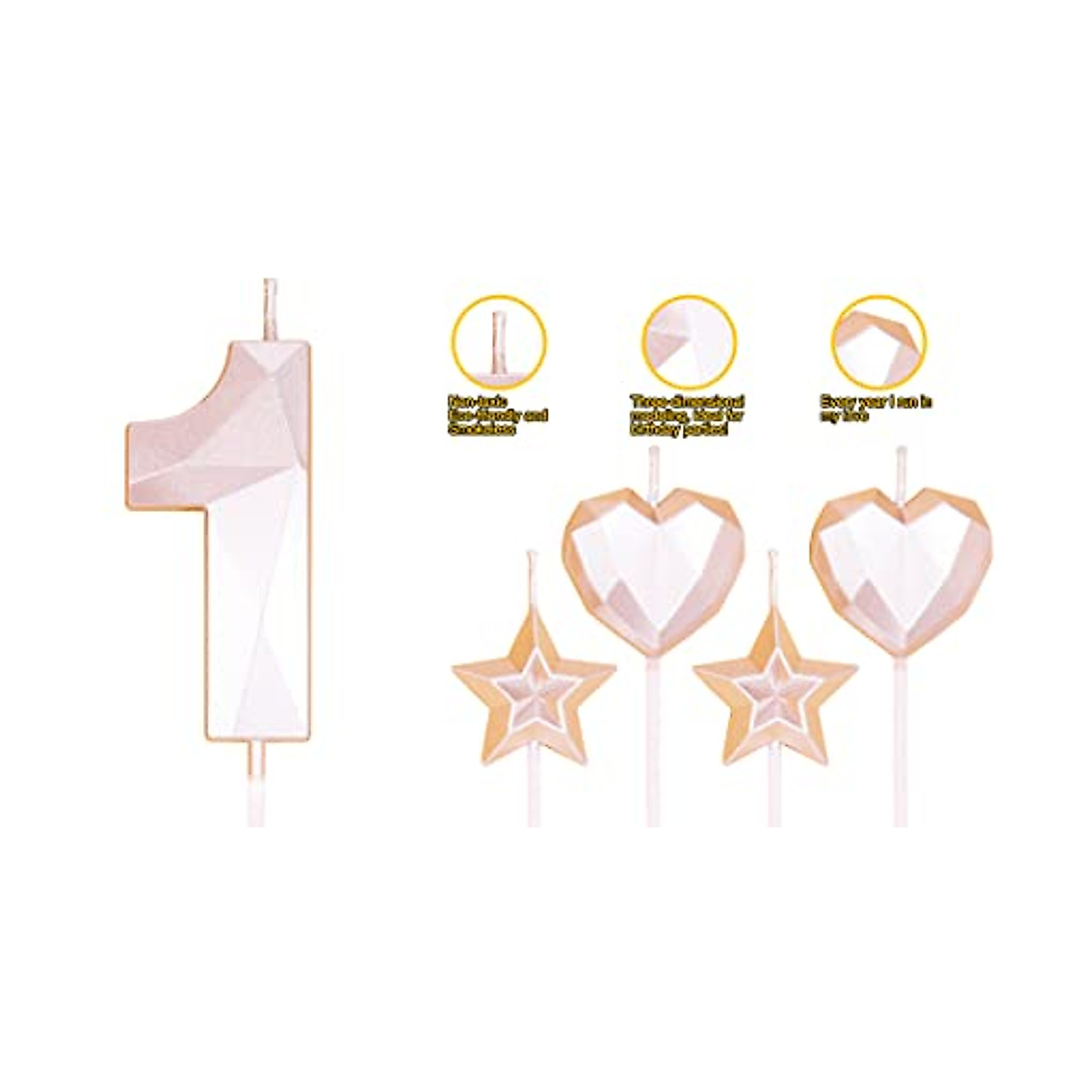 Rose Gold Number 1 Candles and Star Heart Candles 2.76 inch Number Candles for Birthday Cakes 3D Diamond Shaped for Cake Decorations(Rose Gold Candle 1)