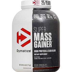 Dymatize Super Mass Gainer Protein Powder, 1280 Calories & 52g Protein, 10.7g BCAAs, Mixes Easily, Tastes Delicious, Rich Chocolate, 6 lbs