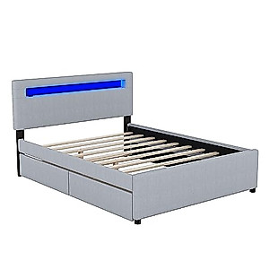 SIYSNKSI Queen Size Upholstered Platform Bed with Twin Size Trundle and 2 Drawers, Storage Platform Bed with LED and USB Charging for Kids Teens Adults Bedroom (Gray-003)