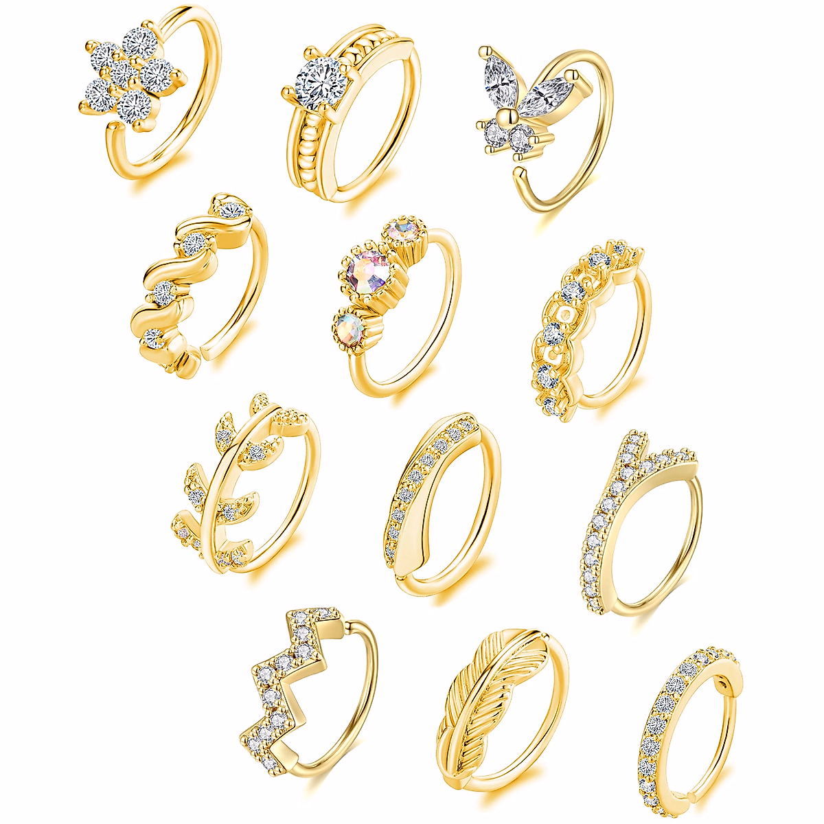 Akeoqi 12Pcs Nose Ring Hoop Cartilage Earring Cute Leaf Star CZ Butterfly Paved Nose Piercing Jewelry 20G for Women men Gold Tone