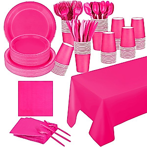TWOWYHI 229PCS Hot Pink Party Supplies Set - Paper Disposable Plates Cups Plastic Spoons Forks Knives Napkins Serve 30 Guests