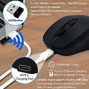 Wonzir Rechargeable Wireless Mouse,Bluetooth 5.2 & 2.4G Portable Optical Mouse with USB Receiver,3 Adjustable DPI for Laptop,MacBook,PC,Windows, iPad,Android OS System (Black)