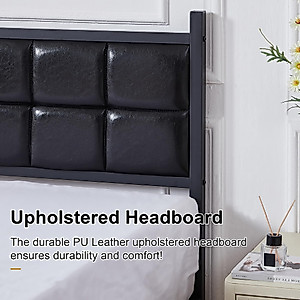 VECELO Queen Bed Frame with PU Upholstered Headboard, Heavy Duty Platform Bedframes, Metal Slats Support, No Box Spring Needed, Matter Black