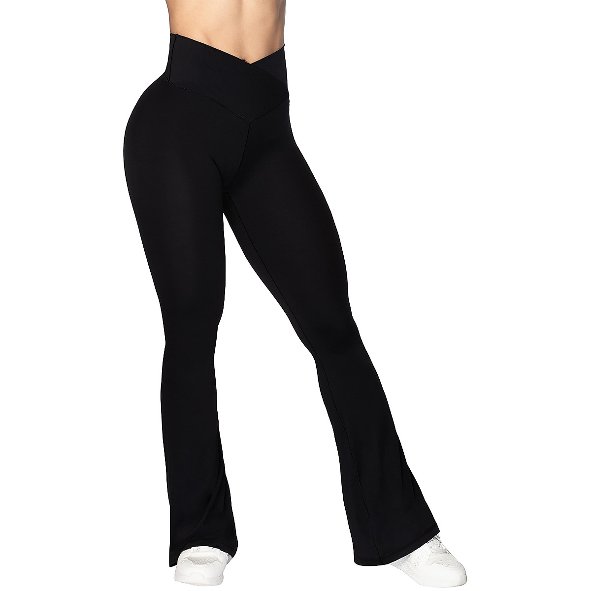 Sunzel Flare Leggings, Crossover Yoga Pants with Tummy Control, High-Waisted and Wide Leg, 30" Inseam, Black Large