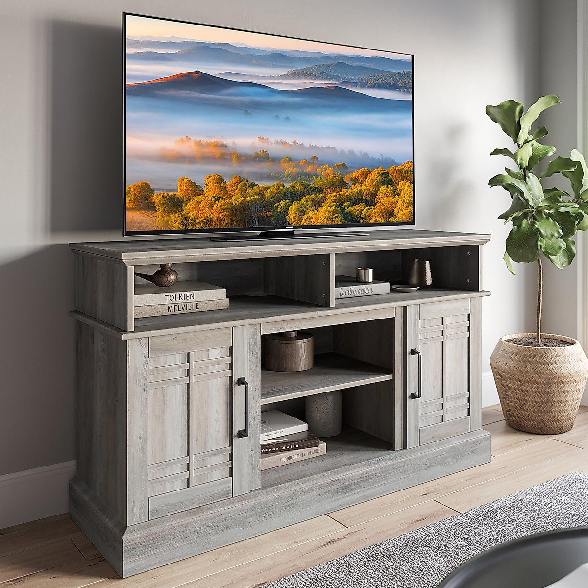 BELLEZE Modern 48" Farmhouse Wood TV Stand & Media Entertainment Center Console Table for TVs up to 50 Inch with Open Storage Shelves & Cabinets - Norrell (Gray Wash)