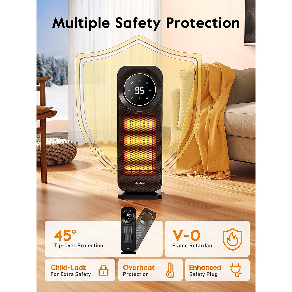 Givebest Space Heaters for Indoor Use, Touch Panel, 1500W Fast Heating Electric Heater with Remote, 5 Modes Quiet Heater with Night Light, Oscillating Heater with Thermostat for Bedroom, Office