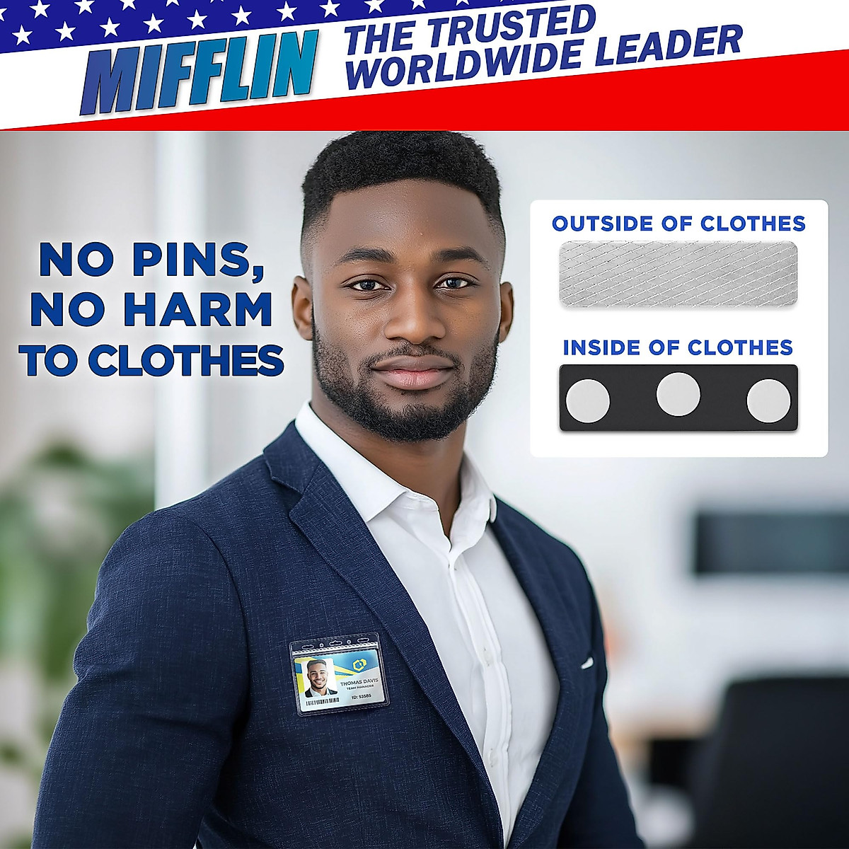 Mifflin-USA Name Tag Magnets (10 Badge Holder Magnets, 1.75 x 0.5 inches), Name Tag Magnet Backs w/ 3 Extra-Strong Neodymium Magnets for ID Badge Holders