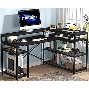 Tribesigns L Shaped Desk with Storage and Monitor Stand, Industrial Home Office Computer Desk with Storage Shelves, 59 Inch Corner Desk with Monitor Shelf(Full Black)