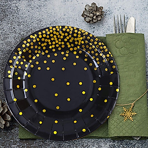 Aneco 60 Pieces 7 Inches Black Bronzing Disposable Paper Plates Dinnerware Plates Gold Foil Polka Dot Plates for Party Graduation Wedding Anniversary Birthday