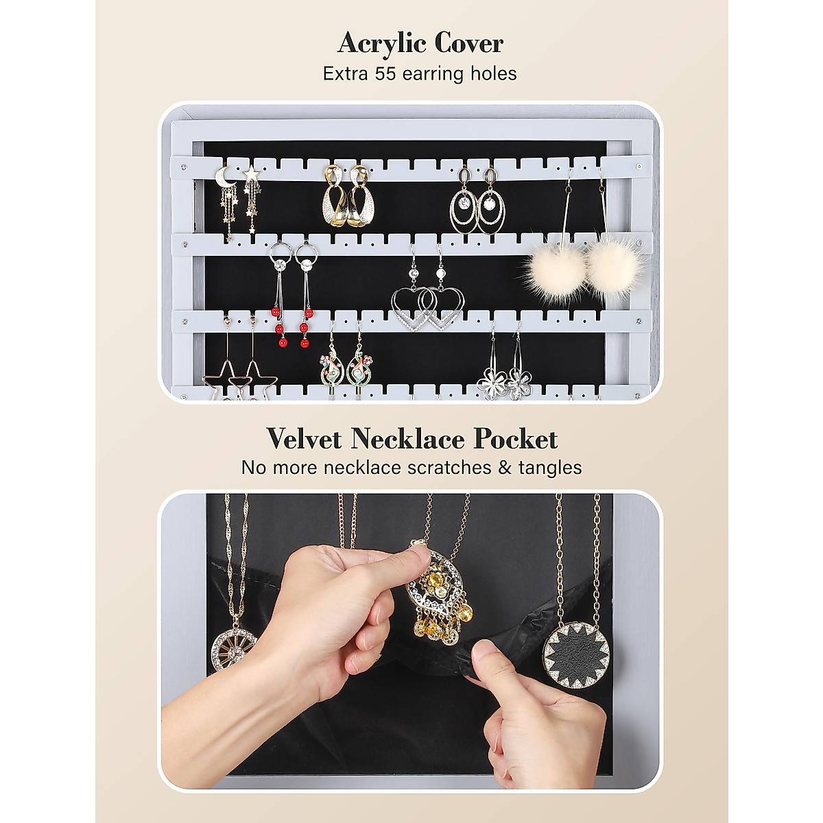 Nicetree 360° Swivel Jewelry Cabinet with Lights, Touch Screen Vanity Mirror, Rotatable Full Length Mirror with Jewelry Storage, Standing Jewelry Armoire Organizer, Foldable Makeup Shelf,Gray