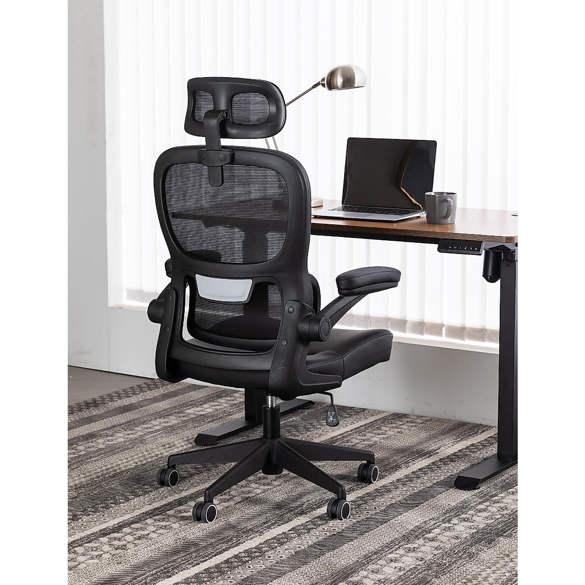 Ergonomic Mesh Office Chair High Back Desk Chair for Big and Tall People Adjustable Headrest with 2D Armrest Lumbar Support and PU Wheels Swivel Tilt Function Black (Black with Nylon Base)