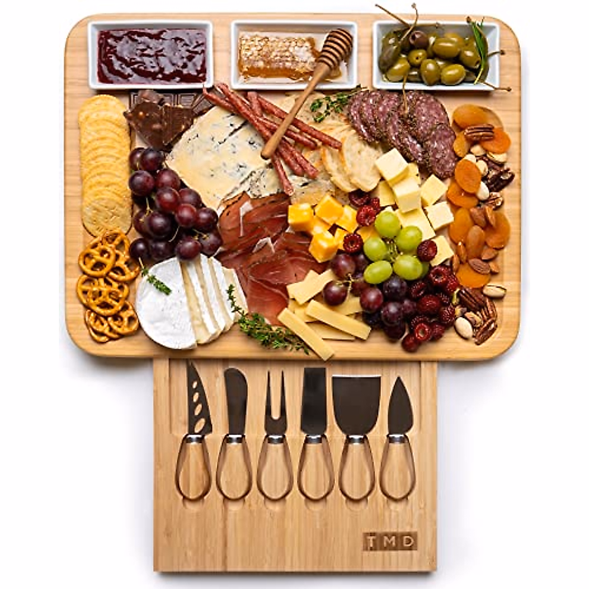 TMD Cheese Board and Knife Set – Cheese Board Set with 3 Ramekins – Beautiful Charcuterie Boards - Superb House Warming Gifts, New Home, Anniversary & Wedding Gifts for couples, Bridal Shower Gifts