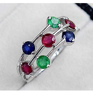 Natural Ruby Emerald Sapphire Mix Gemstone 4 MM Round Cut 925 Sterling Silver Cluster Unisex Proposal Ring For Christmas Gift (Rhodium Plated Silver, 11)