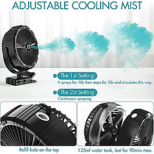 KITWLEMEN 8 Inch Misting Fan with Clip, 10000mAh Rechargeable Battery Powered, Personal Air Cooling Fan, 3 Speeds & 360° Rotatable Spray Fan with Foldable Hook for Home Office Camping Travel Jobsite