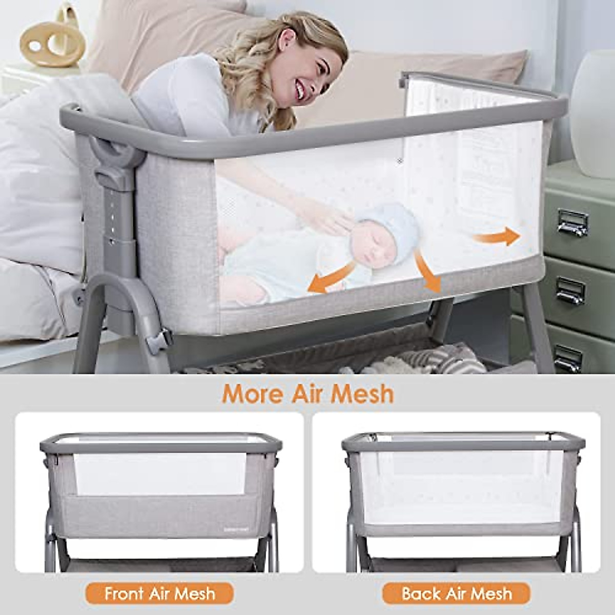 Beberoad Love Baby Bassinet Beside Sleeper for Baby Lightweight Portable 6 Heights Adjustable Beside Crib Baby Bed Cradle for Newborns Infants with Mattress Wheels Storage Basket Travel Bag Light Grey