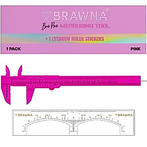 BRAWNA 1 Pc Brow Pro Measuring Tool with 1 Eyebrow Ruler Sticker - Double Scale Eyebrow Ruler for Microblading - Eyebrow Mapping - Caliper Vernier - PMU Supplies - Eyebrow Calipers Ruler Plastic- Pink