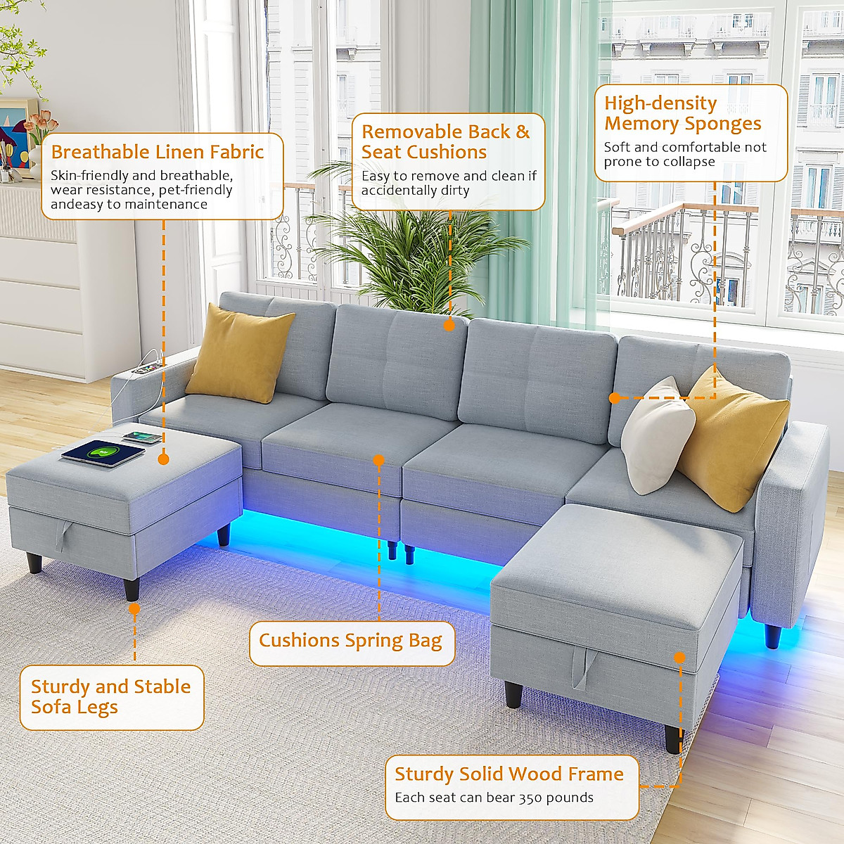 SKKTKT LED Sectional Couches for Living Room, Modular Sectional Sofa Set with Storage Ottomans, Oversized U Shaped Sofa Couch with Auto Sensor RGB Lights and Charging Station (Light Grey)