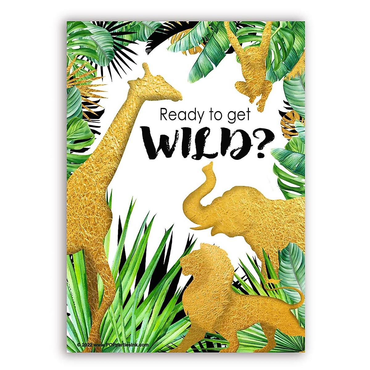 POP parties Golden Safari Baby Shower Invitations - 40 Pieces - 20 Invitations + 20 Envelopes - Gold Safari Baby Shower Supplies - Jungle Baby Shower Decorations - Safari Shower Invitations - WB 20ct