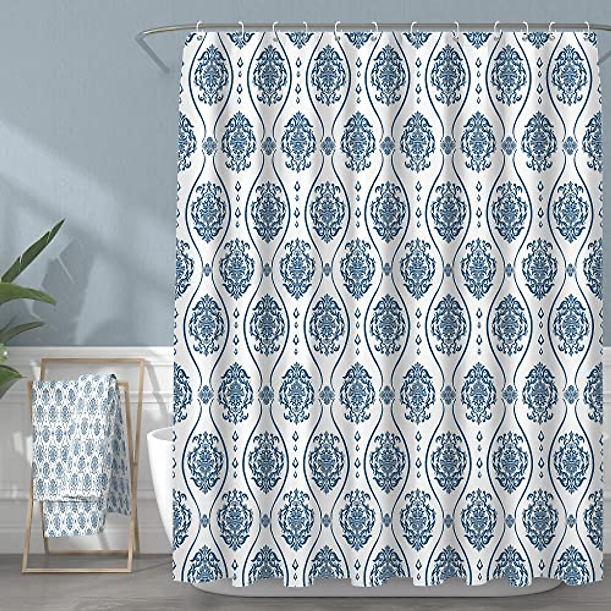 SUMGAR Boho Damask Flowers Shower Curtain Blue and White, Retro Ogee Pattern Bathroom Curtains, Classic Paisley Totem Moroccan Beach Fabric Shower Curtains Set with Hooks 72x72 Inches