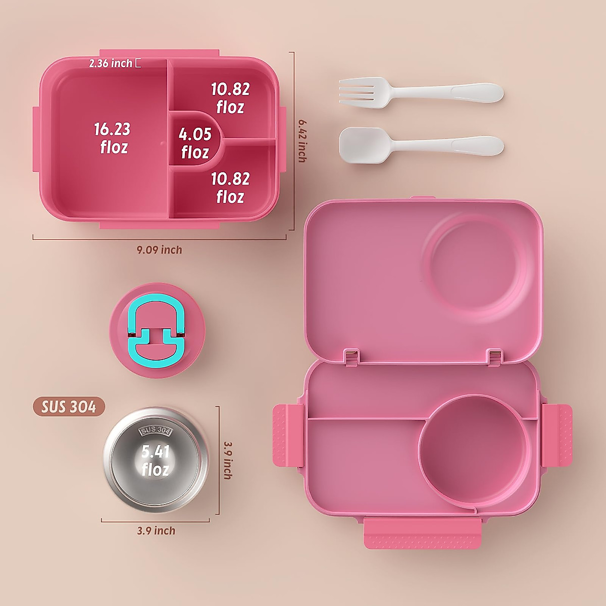 DaCool Lunch Box Kids Bento Box 7.5 Cups with 4-Compartment Leakproof BPA Free Toddler Girls Lunch Containers with Fork Spoon for Meal Snack On-the-Go School Picnic, Microwave Dishwasher Safe, Pink