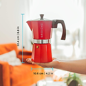 GROSCHE Milano Stovetop Espresso Maker Moka pot 9 espresso Cup - 15.2 oz, Red and 3 Replacement Seals Gaskets Bundle Stove top coffee maker Moka Italian espresso coffee maker and replacement gaskets
