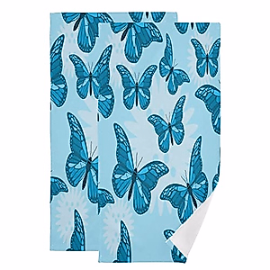 Kigai 2 Pack Pretty Blue Butterfly Hand Towels Set Kitchen Towels Super Soft Highly Absorbent Fingertip Towel for Bath,Kitchen,Gym and Spa
