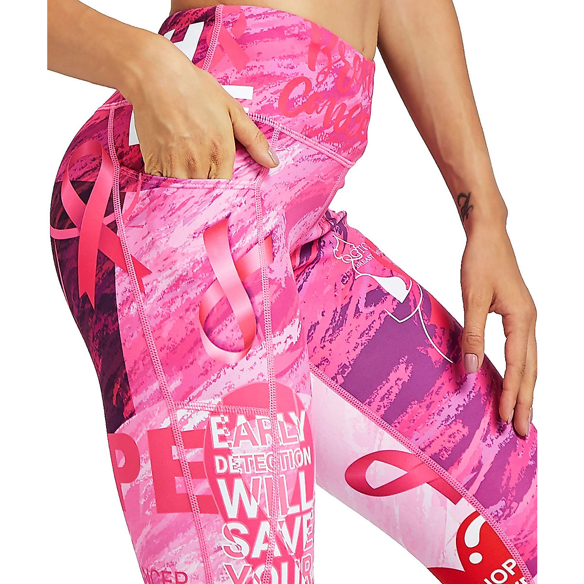 COOLOMG Breast Cancer Awareness Women Leggings Yoga Pants Workout Running Tights with Side Pockets Rosa Ribbon Printed XL