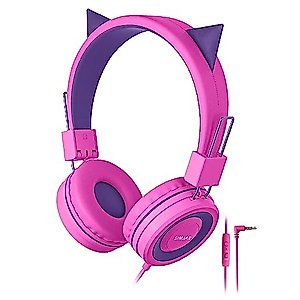 SIMJAR Cat Ear Kids Headphones with Microphone for School, Volume Limiter 85/94dB, Wired Girls Headphones with Foldable Design for Online Learning/Travel/Tablet/iPad (Purple)
