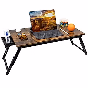 JMLHMXC Bamboo Laptop Desk Bed Tray Table Adjustable Table for Computer Tilting Top Foldable Leg with Drawer