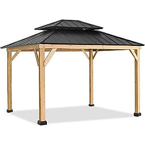 10' x 12' Hardtop Gazebo Solid Cedar Wood Gazebo with Galvanized Steel Double Roof, Outdoor Permanent Gazebo with Curtains and Netting for Patio Backyard Deck Lawn