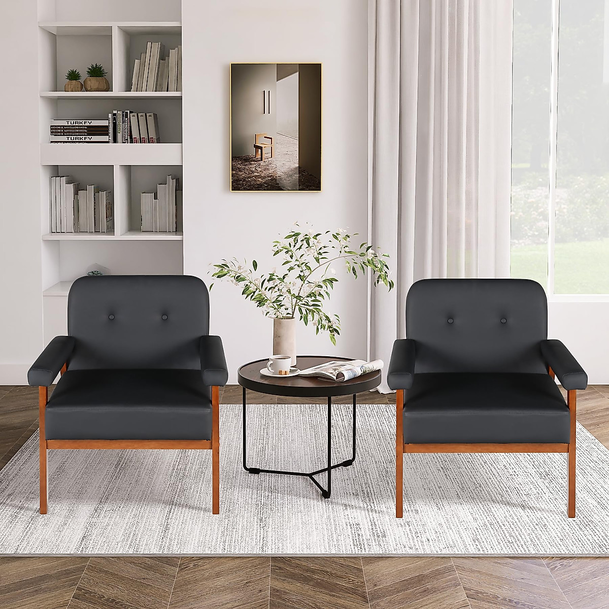 STHOUYN Mid Century Faux Leather Black Accent Chairs Set of 2 with Wood Arms, Comfy Reading Chair Small Spaces, Armchair Comfortable Chairs Living Room Bedroom Office, Easy Assembly (2, Black)