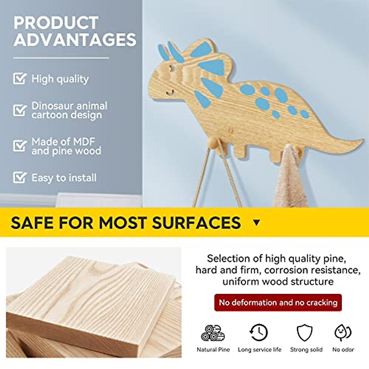 Jfbav Decorative Wood Wall Hooks - Cute Animal Dinosaur Wall Hooks for Hats, Clothes, Keys, Handkerchiefs, Jackets and More