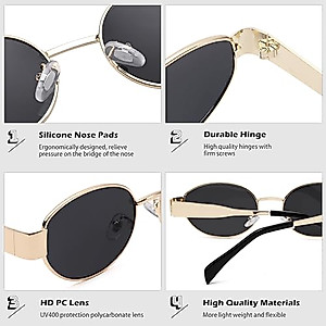 COASION Retro Oval Sunglasses for Women - 90s Vintage Designer Fashion Shades - UV400 Protection Metal Sun Glasses (Gold/Grey)