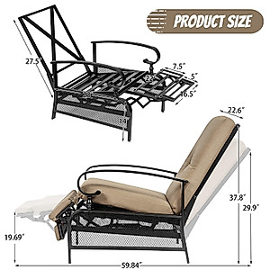 Crownland 3-Piece Outdoor Lounge Chairs Set, Adjustable Reclining Patio Chairs and Umbrella Bistro Table Set, Metal Furniture Set with Water Resistant Cushions(Brown)