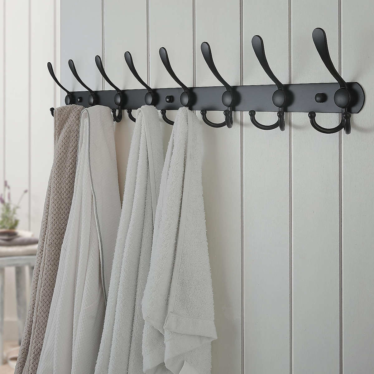Dseap Coat Rack Wall Mount - 29.5” Long 8-Tri-Hooks Heavy Duty Coat Hanger Rail Wall Hooks for Hanging Coats Hats Clothing Clothes Purse Mudroom Entryway, Black