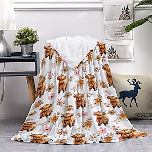 Highland Cow Flowers Blanket for Boys Girls, Cute Highland Cow Kids Throw Blanket Gift for Child, Fluffy Cozy Soft Lightweight Blankets for Bed Office, 40x50 Inches