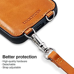 LUCKYCOIN Crossbody iPhone 13 Pro Max Case - Genuine Leather Wallet, Card Slots, Adjustable Strap, 6.7", Brown