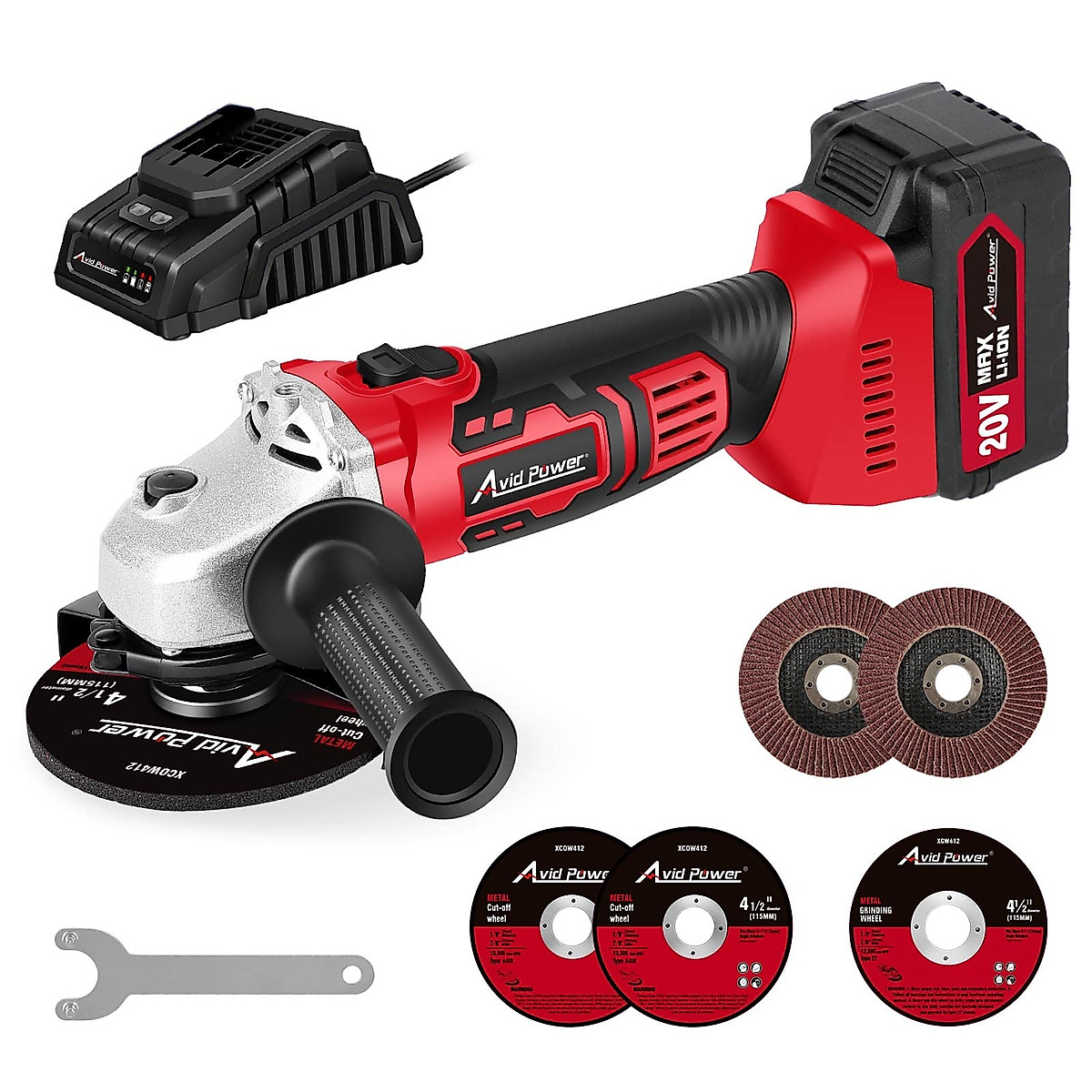 AVID POWER 20V Cordless Angle Grinder w/4.0A Battery & Fast Charger Bundle with 20V Cordless Impact Wrench w/Max Torque 330 ft lbs (450N.m)