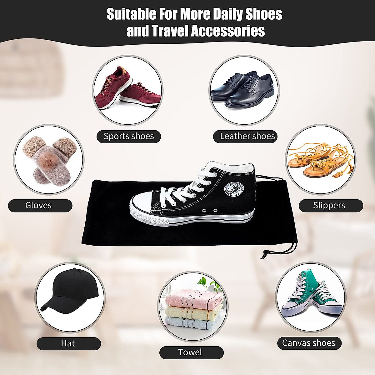 12 Pcs Shoe Bags for Travel Shoe Dust Bags Black Duster Flannel Shoe Pouch Washable Shoe Covers with Drawstring Breathable for Home Luggage, 8 x 17 Inch