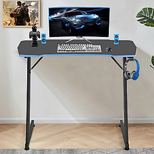 47" Gaming Desk Z Shaped Gaming Table Large Home Office Desks PC Computer Desk Workstation Ergonomic Gamer Table Writing Desk with Headphone Hook for Game Player Boyfriend Gift, Blue