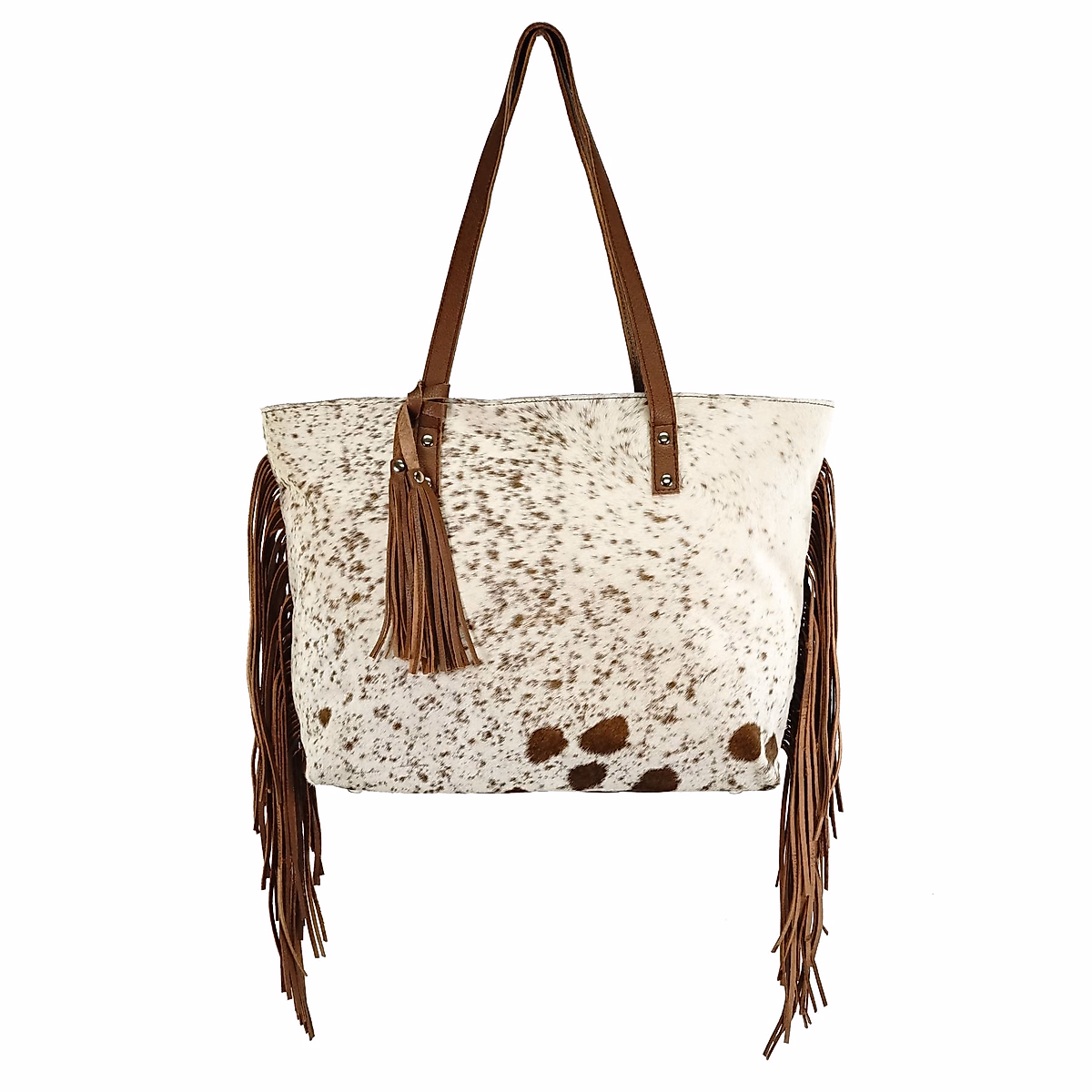 bonanza leathers Cowhide Shoulder Bag - Stylish Western Fringe Purse w/Zipper Closure - Durable Western Tote Bag & Leather Bag for Daily Use - Western Purse w/Unique Cowhide Pattern - Chocolate