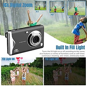 Digital Camera for Photograph, 4K 48MP Video Vlogging Camera with Fill Light, 16X Digital Zoom Pocket Camera for Students Teens Beginners, 3.0in LCD HD Display (White)