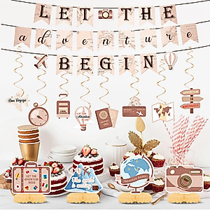 Let the Adventure Begin Decorations Travel Themed Party Banner Sign Hanging Swirls Honeycomb Centerpieces for Travel Birthday Graduation Retirement Farewell Going Away Bachelorette Party Supplies