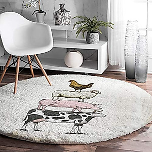 Farmhouse Area Rug Cow Pig Sheep and Chicken Farm Animals Round Rug Fluffy Floor Carpet Soft Rug Rusic Bakcground Non-Slip Throw Rug 4' Diameter for Living Room, Bedroom, Apartment, Sofa