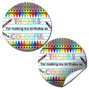 Crayon Thank You Birthday Party Sticker Labels, 40 2" Party Circle Stickers by AmandaCreation, Great for Party Favors, Envelope Seals & Goodie Bags