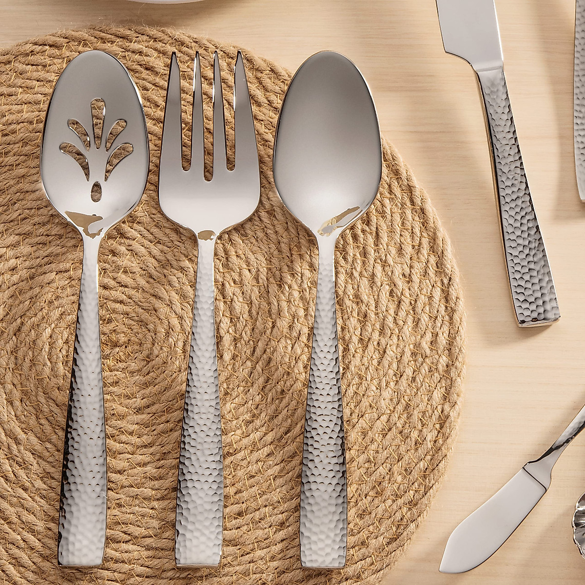 Hudson Essentials 9-Piece Hammered 18/10 Stainless Steel Silverware Serving Spoons and Forks Set - Hostess Buffet Flatware Utensils