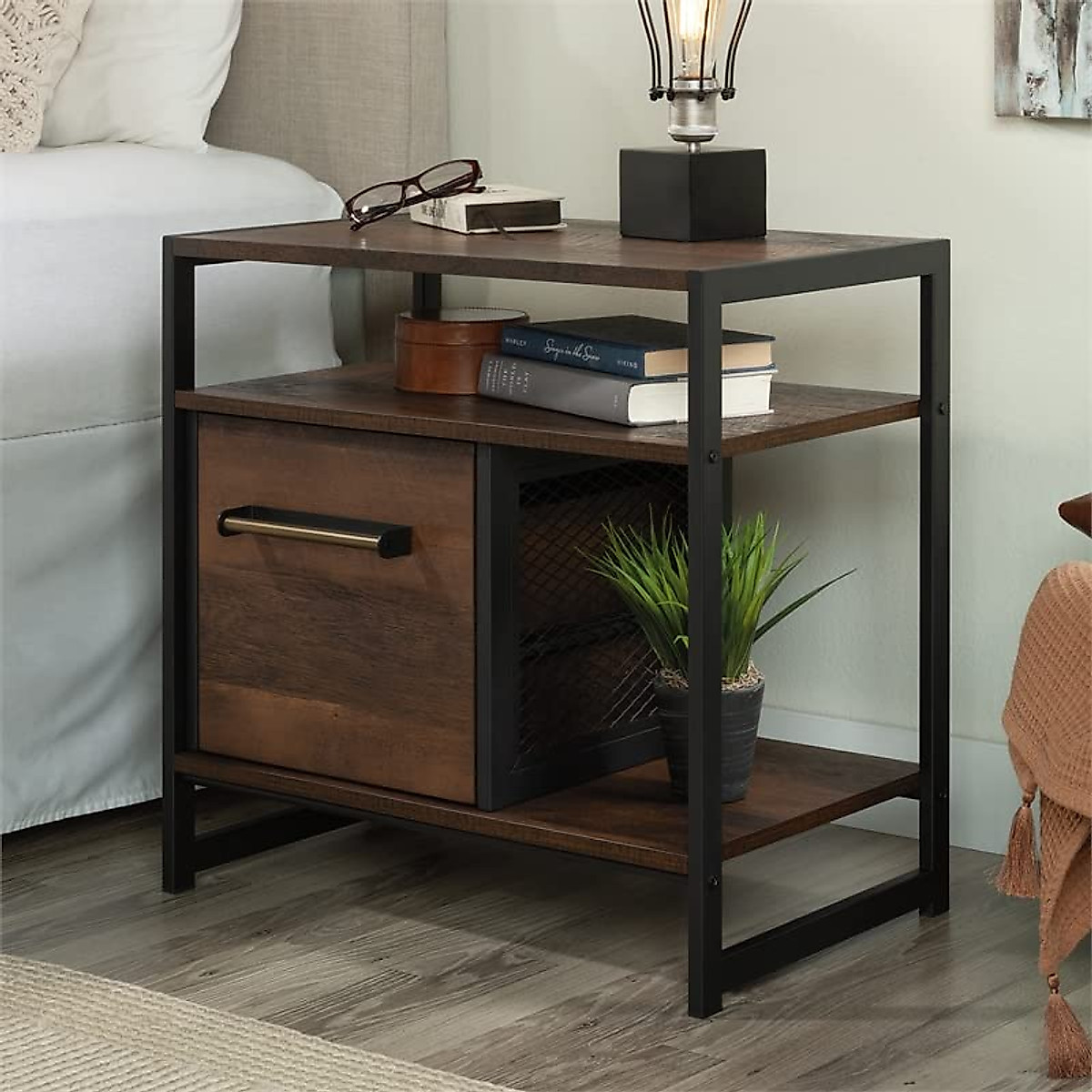 Sauder Briarbrook Engineered Wood/Metal Night Stand in Barrel Oak