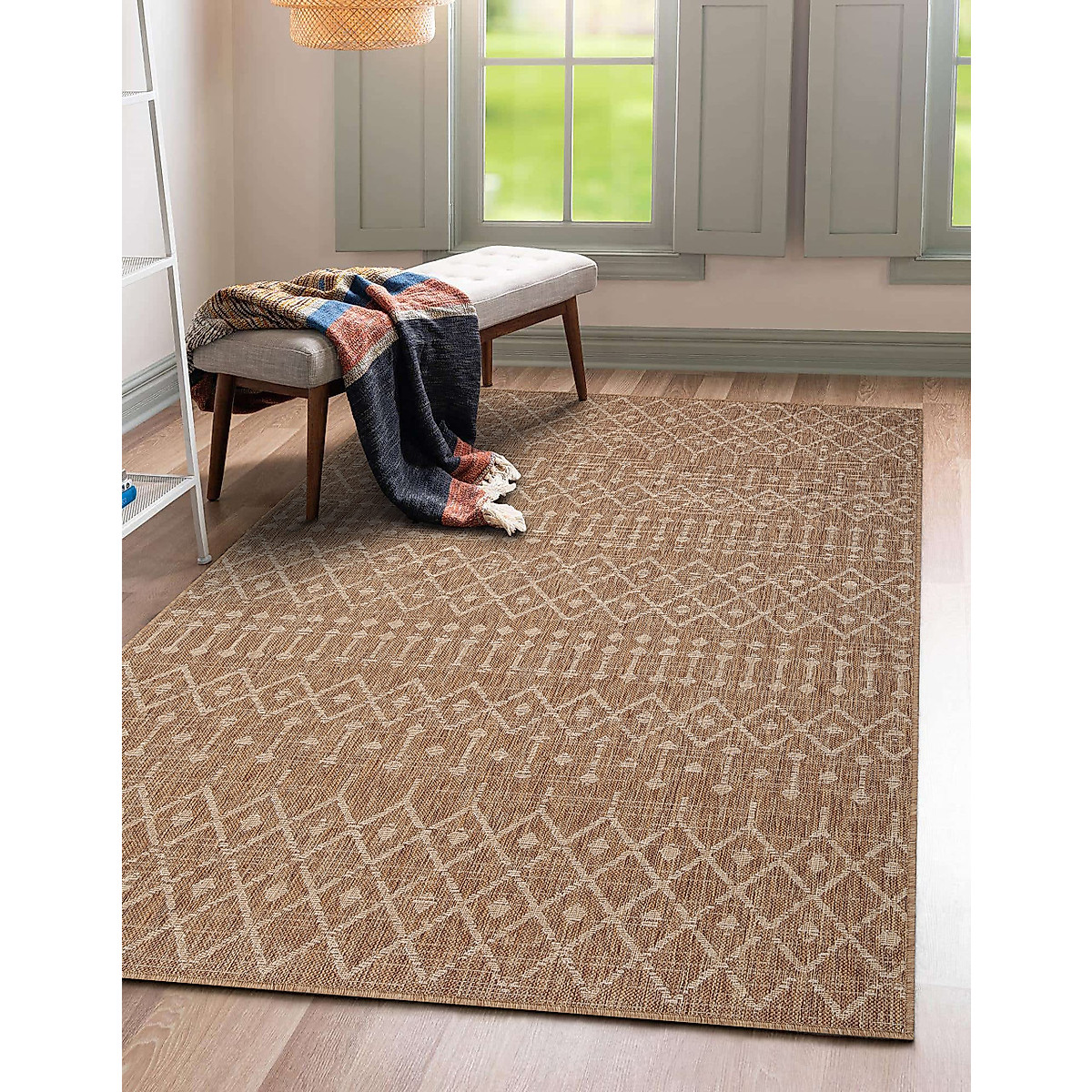 Sherloom Modern Geometric Indoor Outdoor Area Rug Weather Resistant Outdoor Carpet for Porch Deck Balcony Backyard Patio Rug 8x10 Beige, Brown